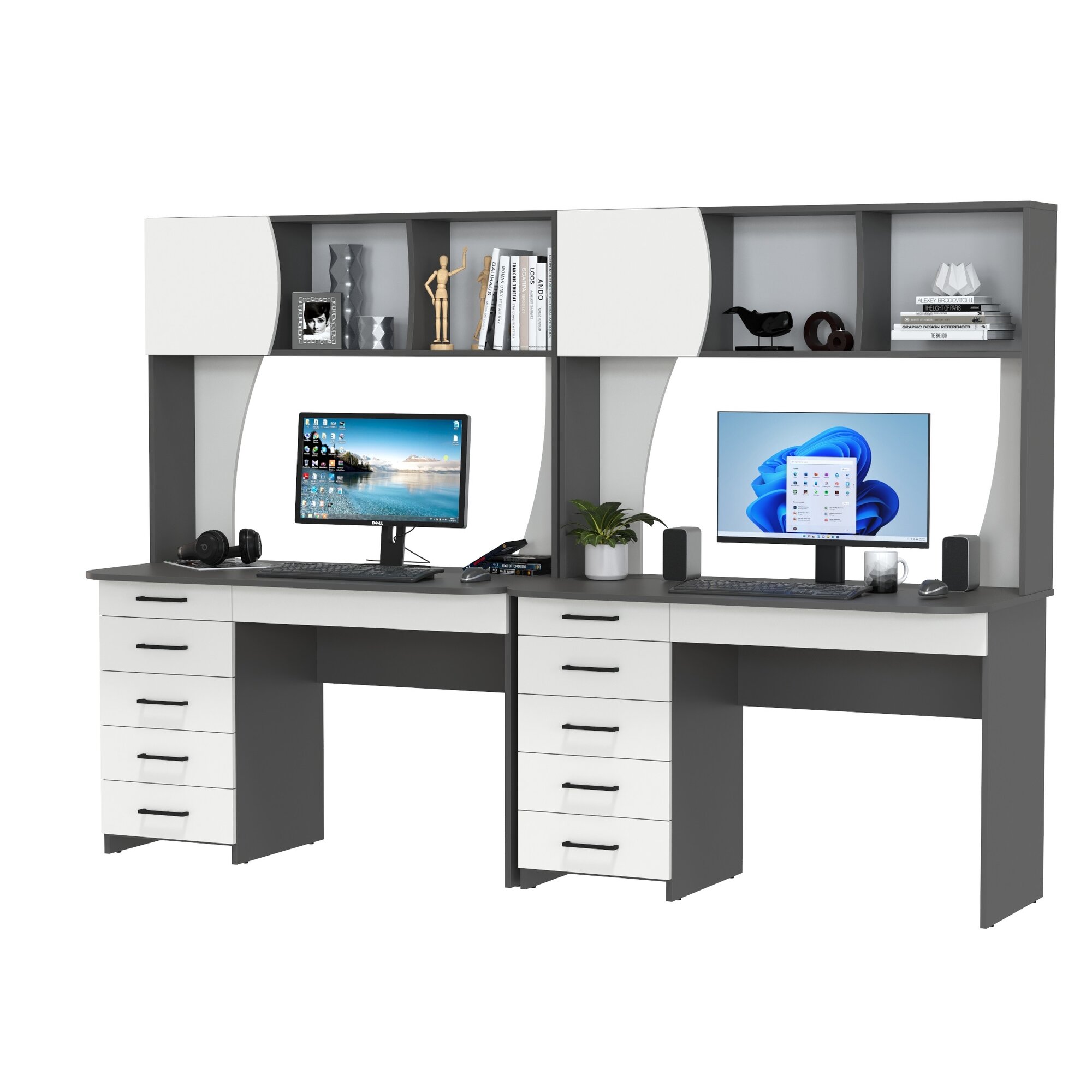 Два стола рабочих Гранд Кволити Сигма для двоих, графит/белый, 241х60,5х166 см.