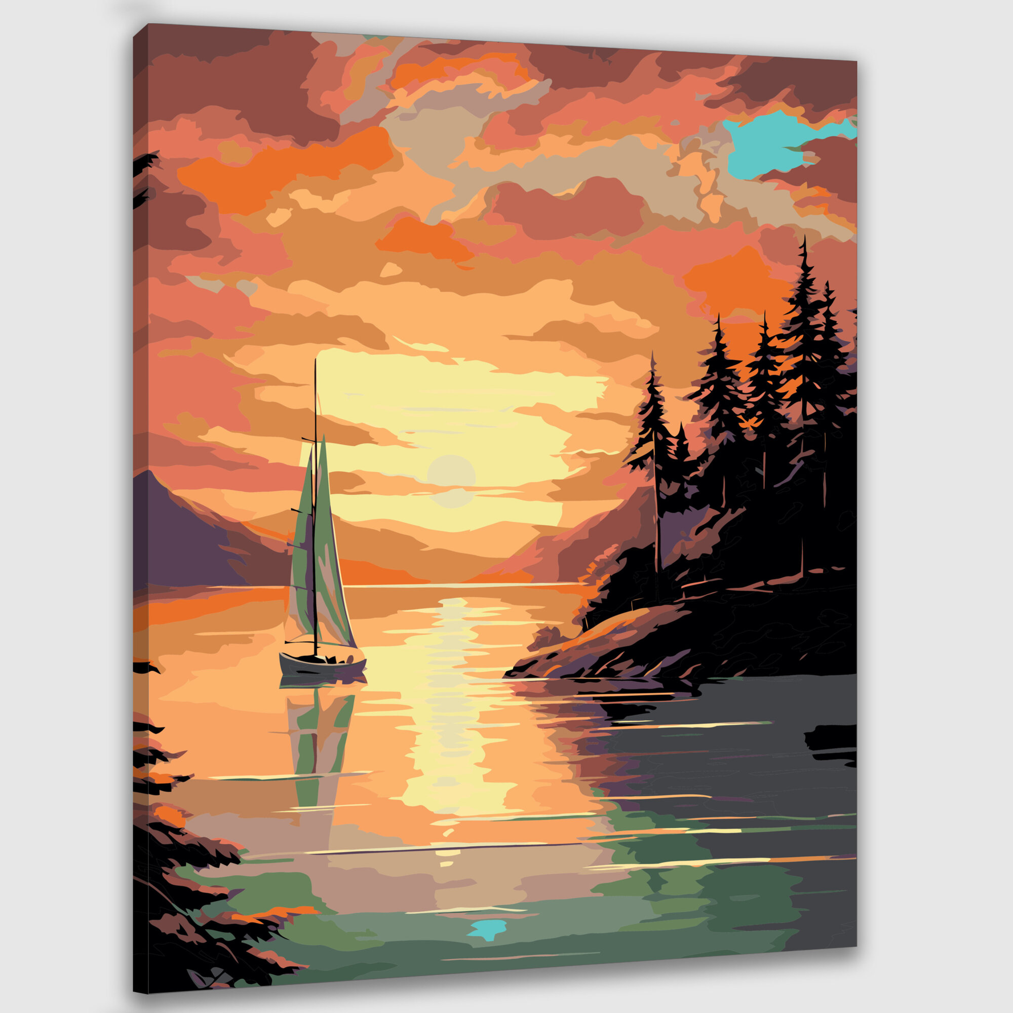 Картина по номерам 40x50 см, фотография, деревянная парусная лодка, бирюзовое озеро, закат, золотистые оттенки, небо