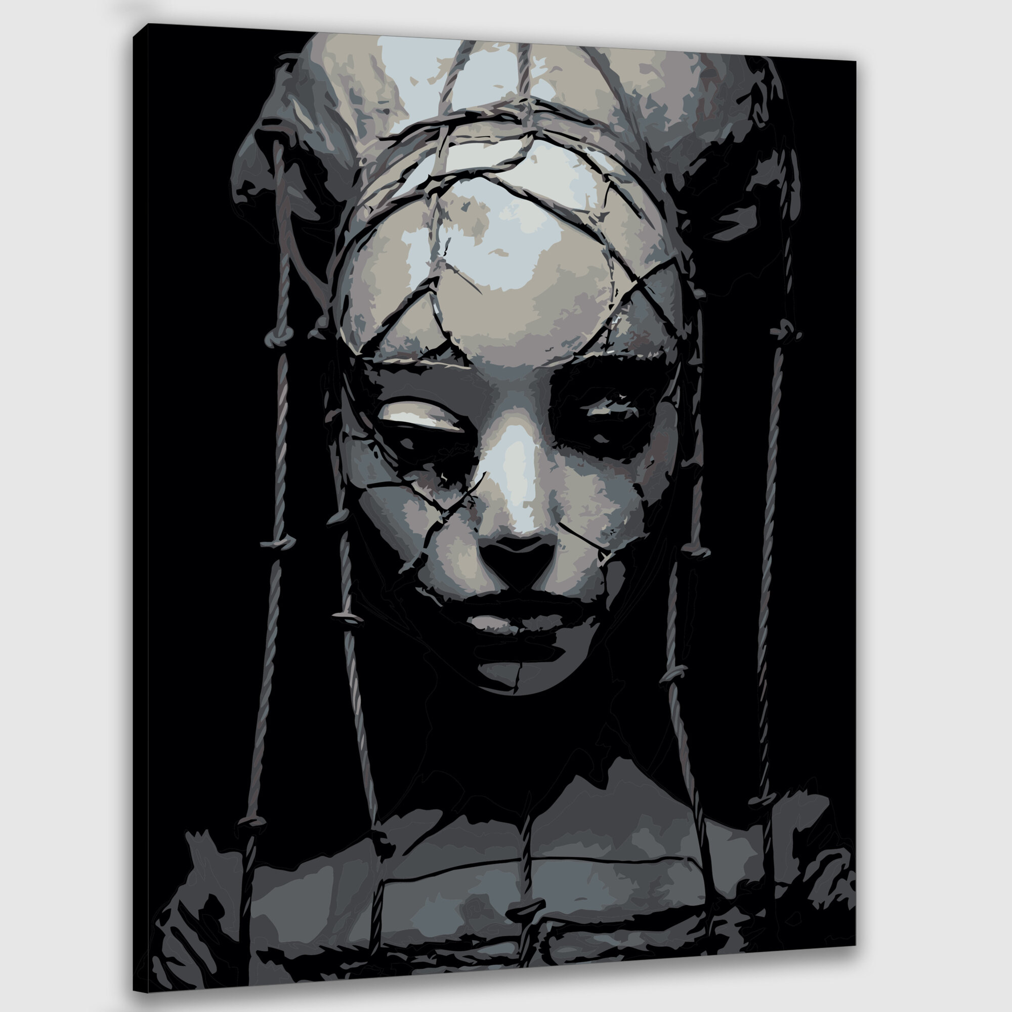 Картина по номерам 40x50 см, черно-белая фотография, потрепанная кукла-марионе, фарфоровое лицо, потрескавшееся