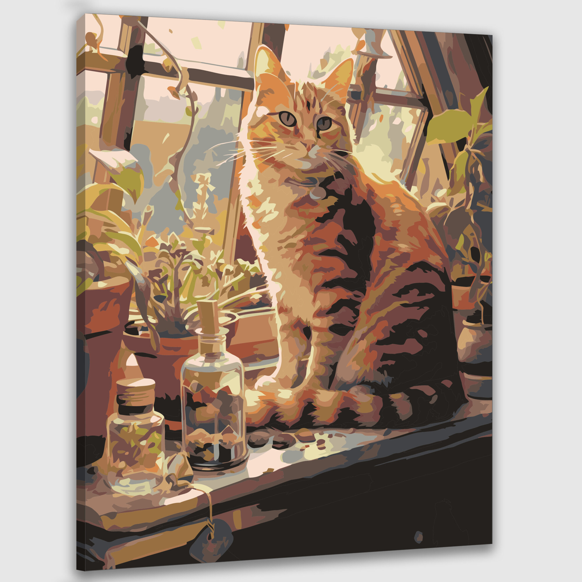 Картина по номерам 40x50 см, картина, акварель, озорной, кот, полосатый, подоконник, блеск, глаза, тайные приключения