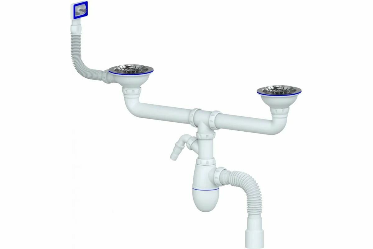 Сифон Unicorn B730V 3 1/2х40 двойной, нос, с прямоугольным переливом, с гофрой 40х40/50 винт, шток, ручка- латунь