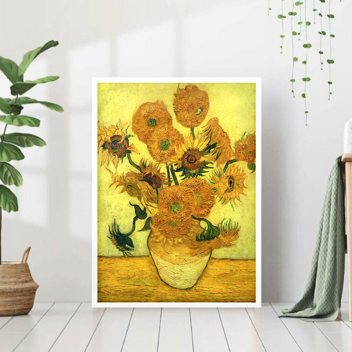 Постер " Репродукция Подсолнухи на желтом фоне Ван Гог" 40x50 в белой рамке для интерьера на стену