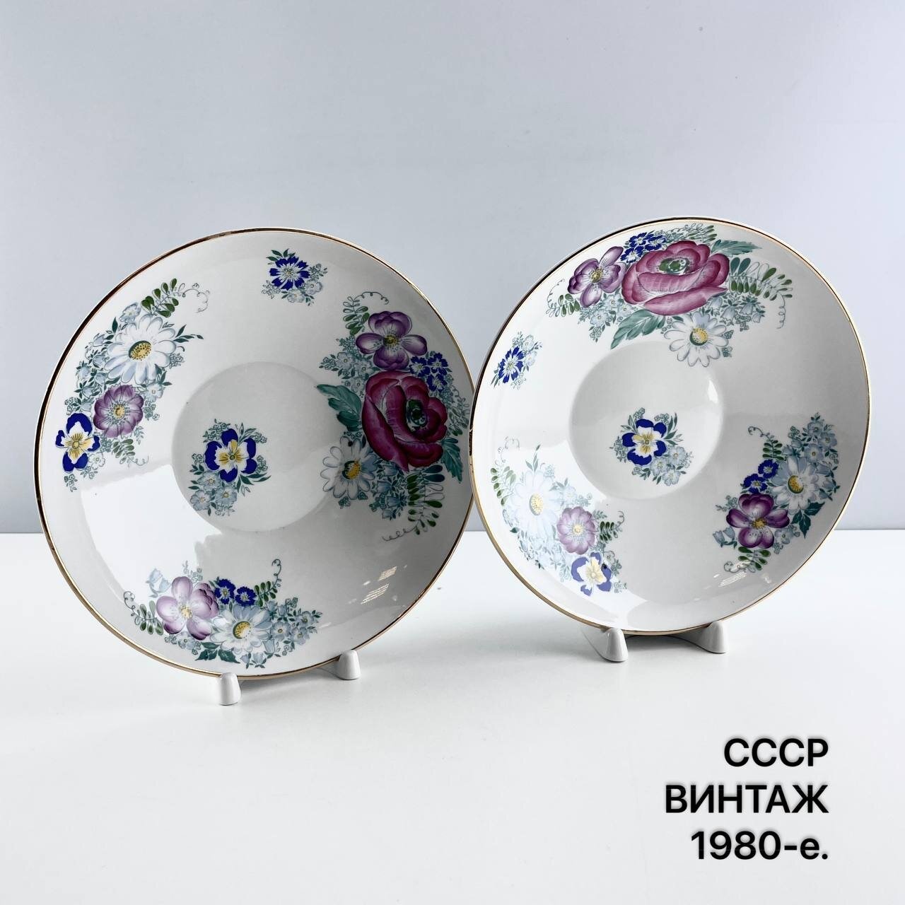 Винтажная сухарница "Полевые цветы". Набор 2 шт. Фарфор ЛФЗ, роспись. СССР, 1980-е.