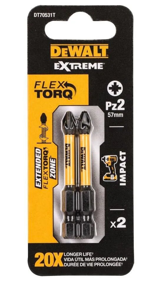 Биты ударные DeWalt Torsion, PZ2, 50мм, DT70531T, 2шт