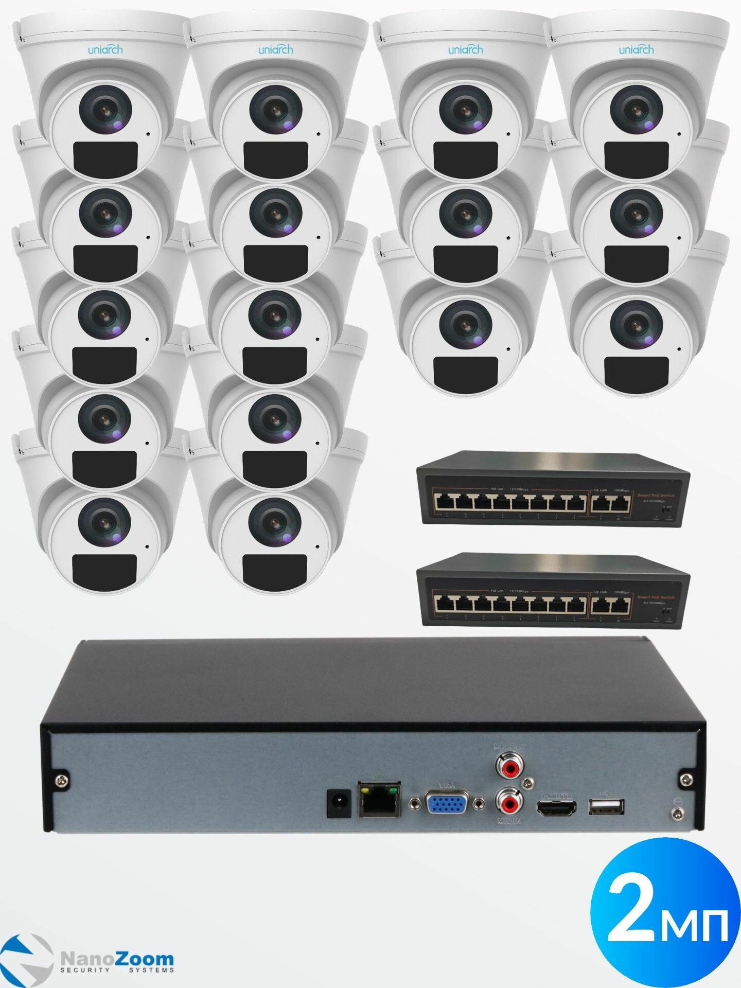 Комплект видеонаблюдения Uniarch 16 купольных IP-камеры 2Мп + Dahua NVR-видеорегистратор 16 канальный 4K + 2 коммутатора ИИ по 8 PoE