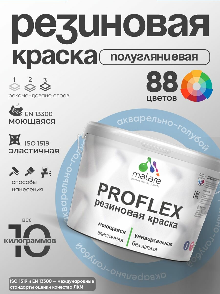 Краска резиновая Malare ProfleX жидкая резина для наружных и внутренних работ, быстросохнущая моющаяся, полуглянцевая, акварельно-голубой, 10 кг