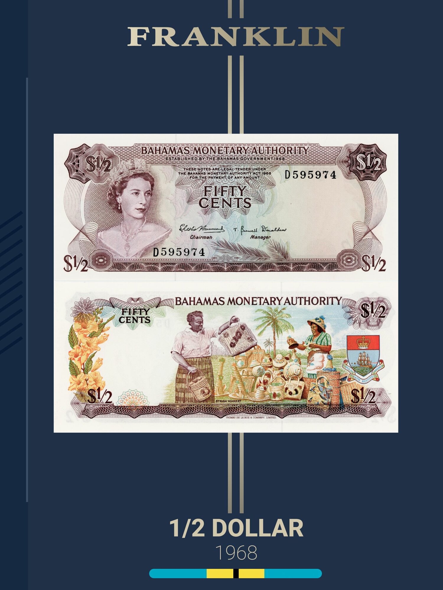 Банкнота Багамские острова 1/2 доллара 1968 год Uncirculated (UNC) Pick 26a