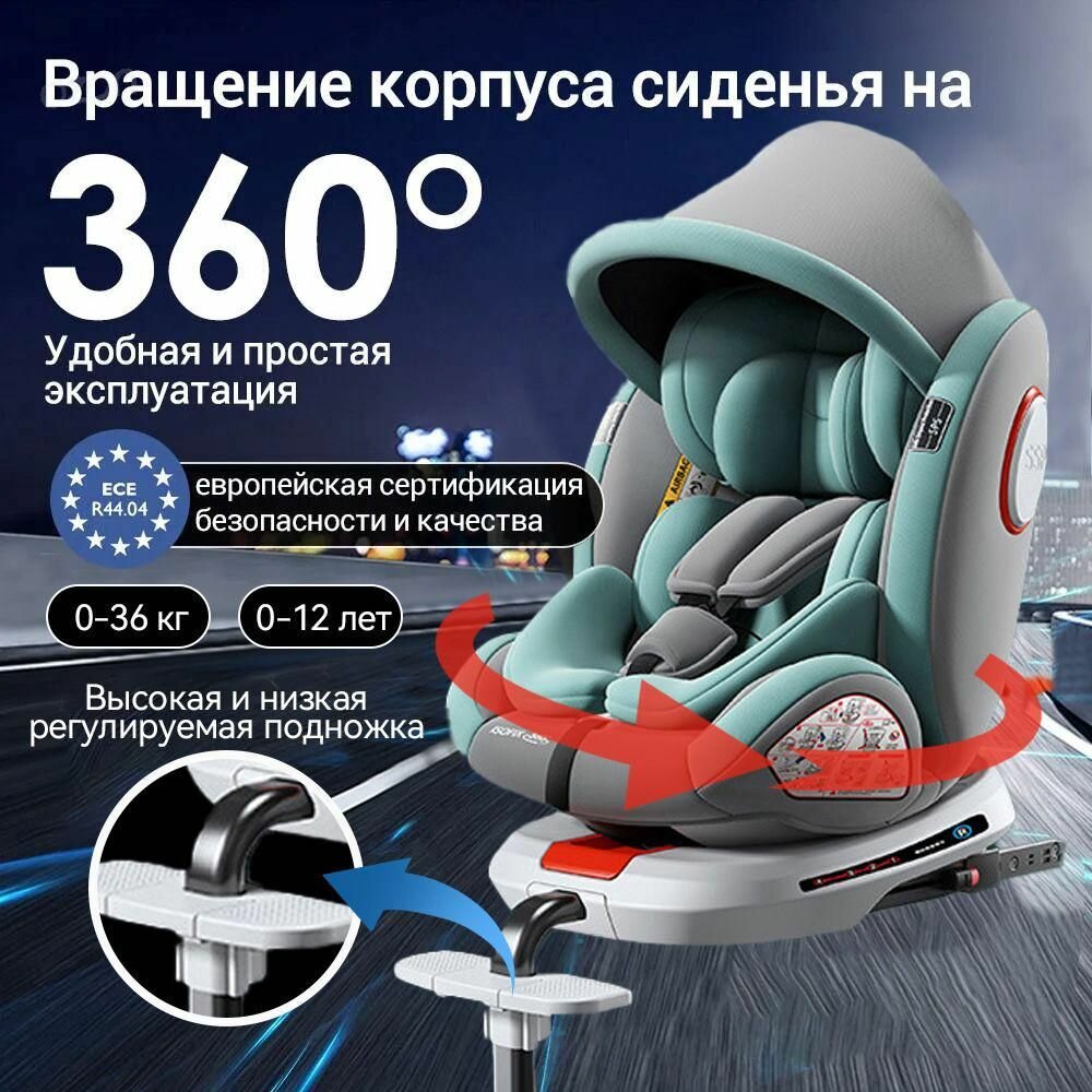 Детское автокресло (от 0 до 36 кг), поворотное с изофикс, возраст от 0+/1/2/3 до 12 лет, отдельный козырек от солнца