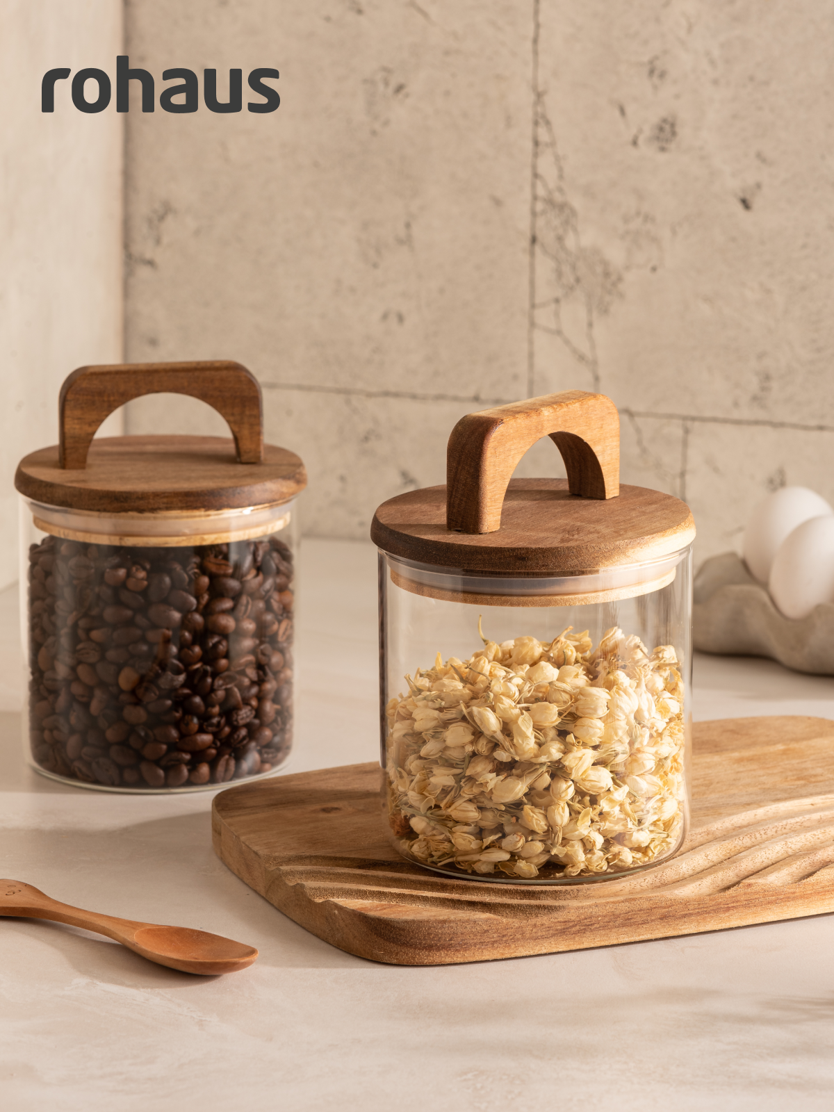 Набор из 2х банок из стекла Rohaus 600мл для хранения еды и сыпучих продуктов с деревянной крышкой