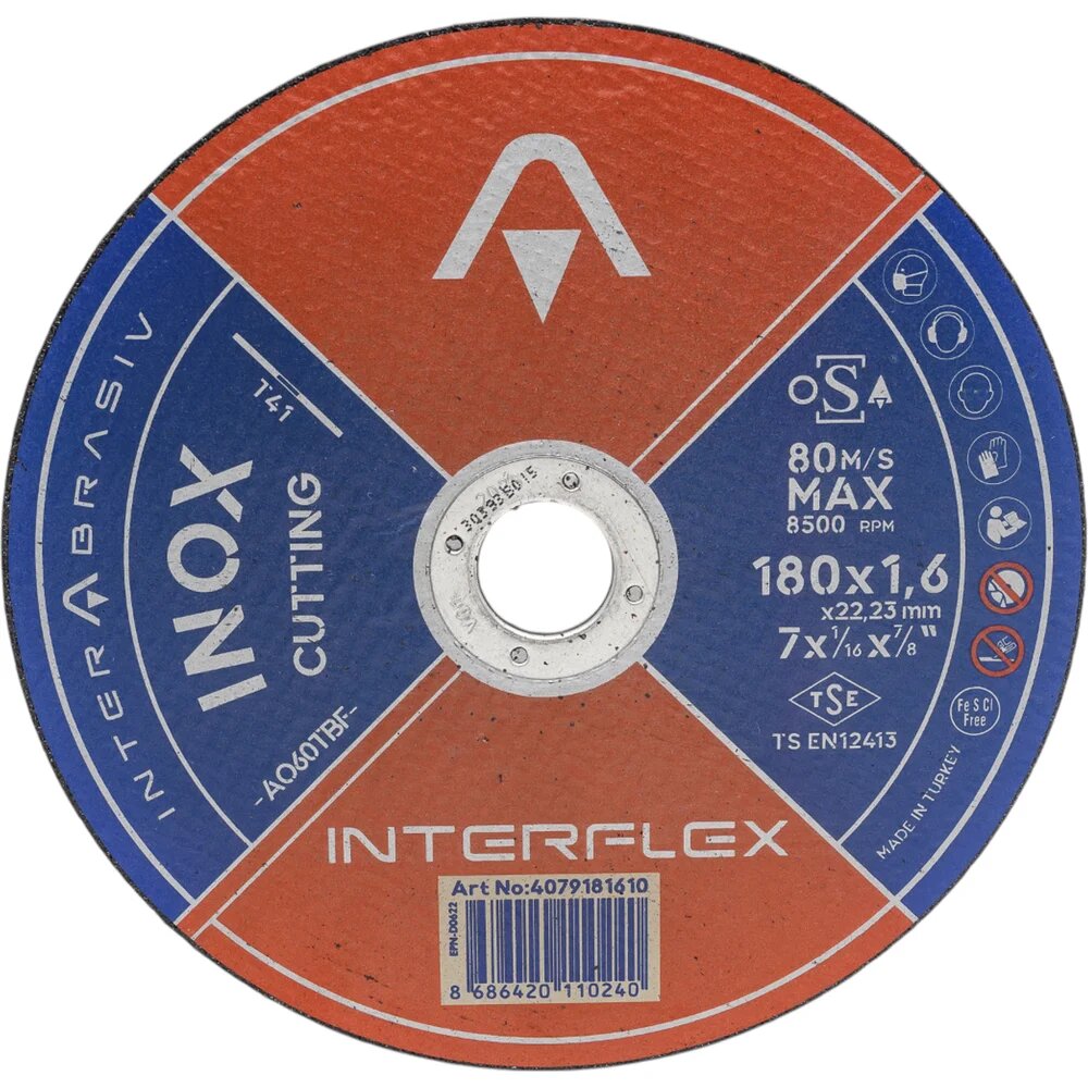 Круг отрезной круг INOX A060TBF 180x1.6x22 мм, Т41, нержавеющая сталь, металл Interflex 4079181610, нержавеющей стали