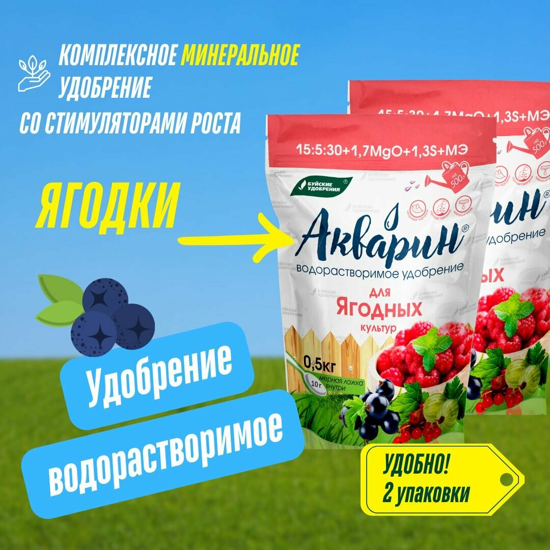 Комплексное удобрение Акварин для Ягодных культур, водорастворимое 2 упаковки по 500 гр (1 кг), Буйские Удобрения