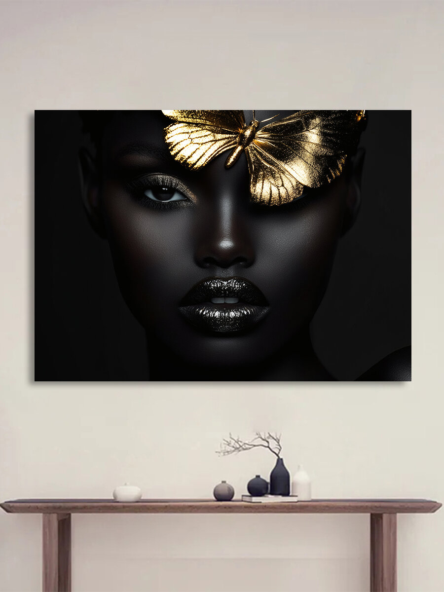 Картина на стену - "Африканка / Негритянка, лицо девушки, золото" , 50х70 см.