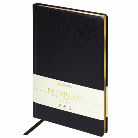 Ежедневник датированный 2026 большой формат 210х297мм А4, BRAUBERG Comodo, под кожу, черный, 117242