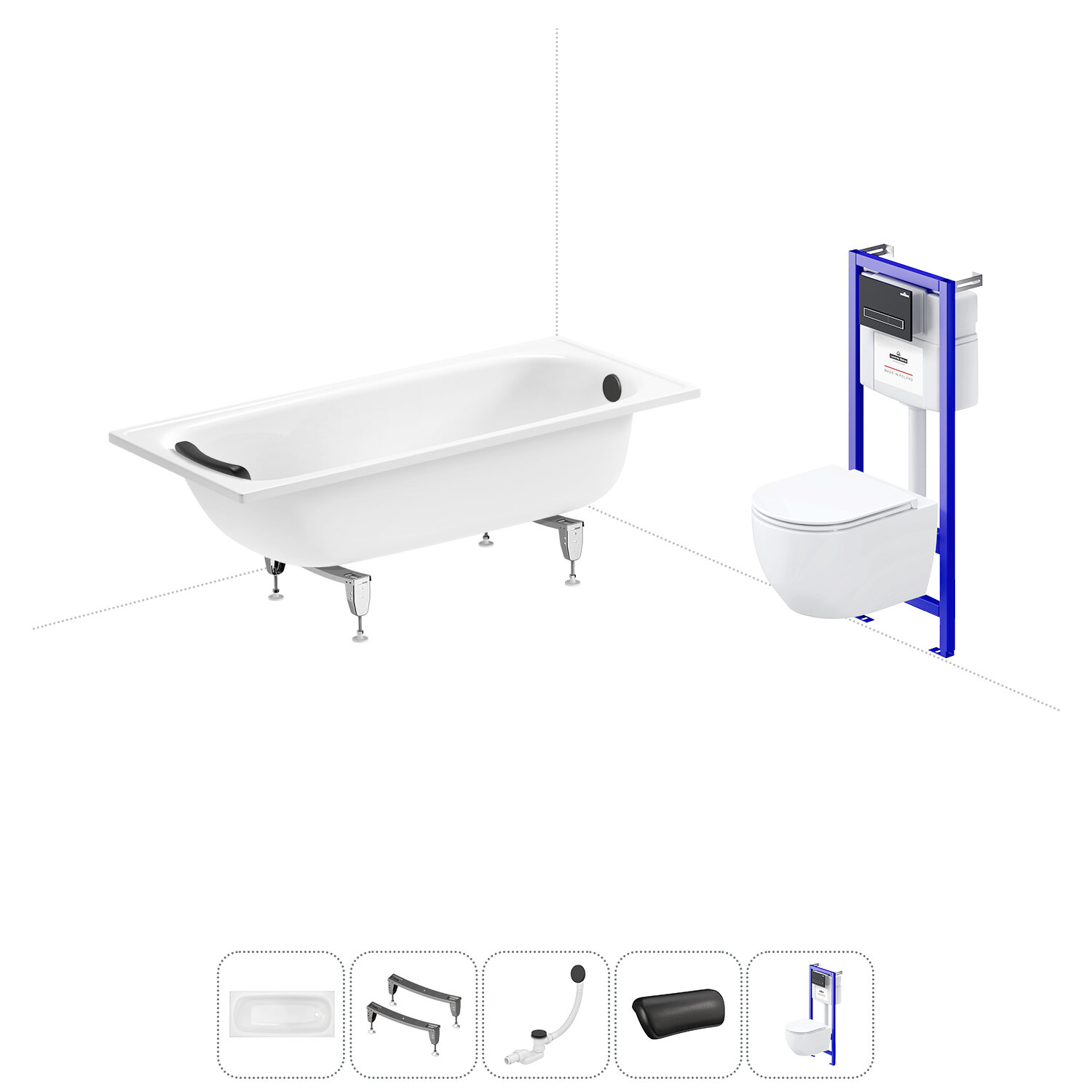 Стальная ванна 160х70 Sanitana BLB Europa 20220799R в наборе 5 в 1: металлическая ванна 160 х 70 см, ножки, слив-перелив, подголовник, инсталляция с унитазом