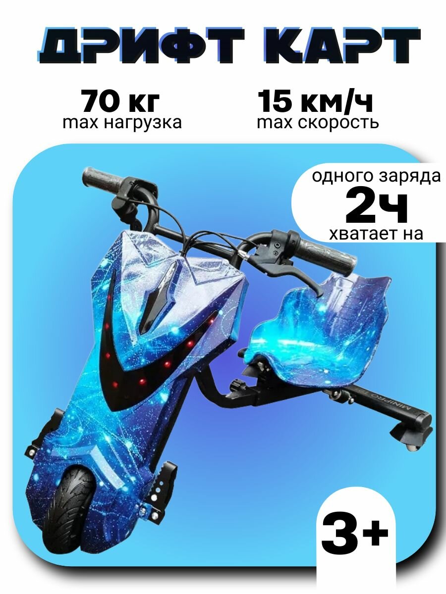 Электроскутер Дрифт Карт "Drift-Trike, увеличенный аккумулятор 8,8ah, цвет синий космос