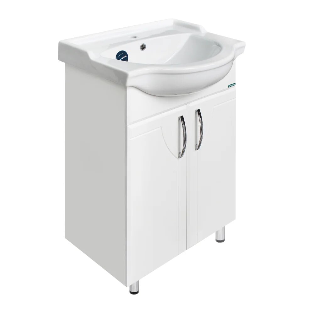 Тумба с раковиной Sanita Идеал 55 напольная, 56, 5 см, белая, глянцевая, с дверками, раковина для ванной, фарфоровая, полукруглая, встроенный слив-перелив