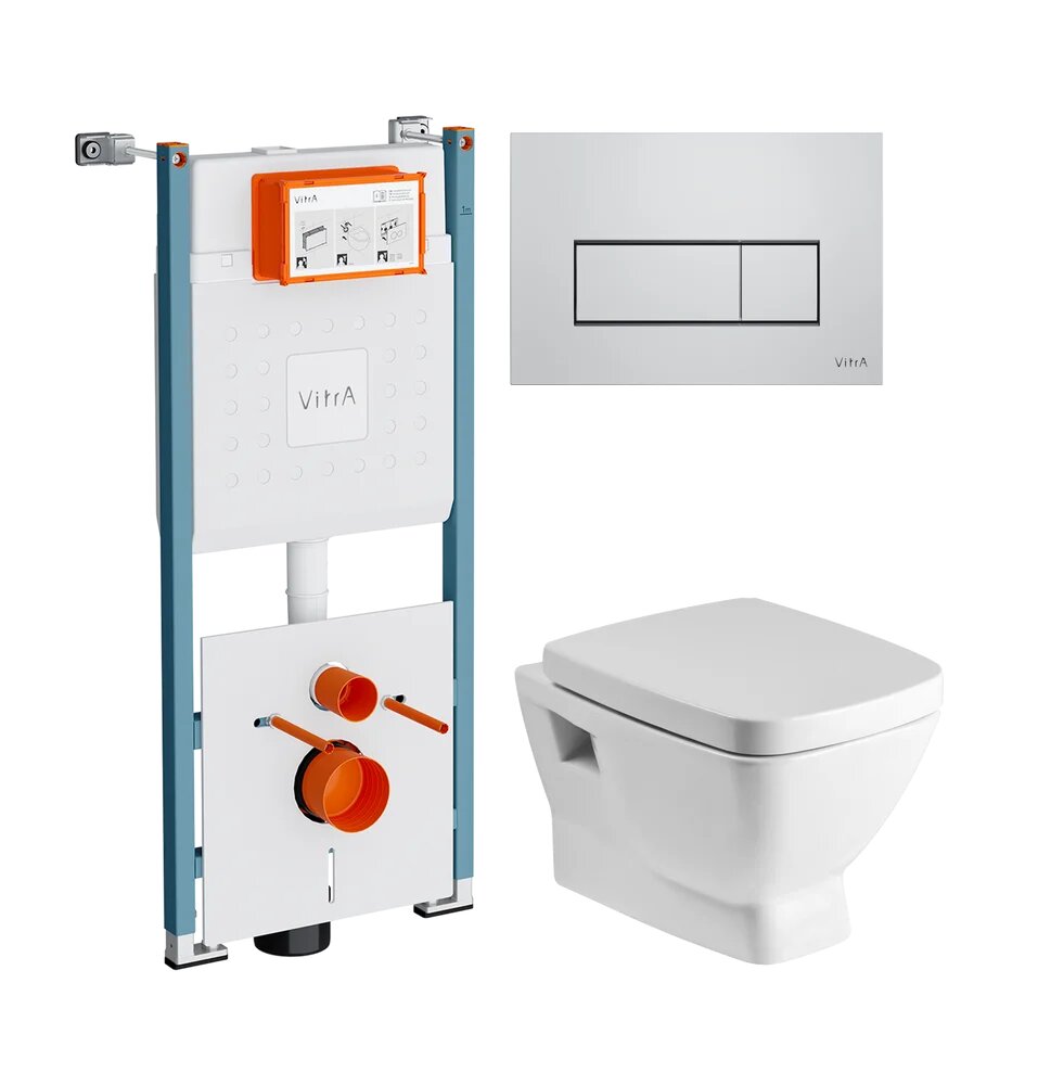 Комплект 3 в 1 Унитаз подвесной Santek Нео 1WH302423 / Инсталляция VitrA V-Fix Core 732-5800-01PV / Кнопка Root Square 740-2380 цвет хром