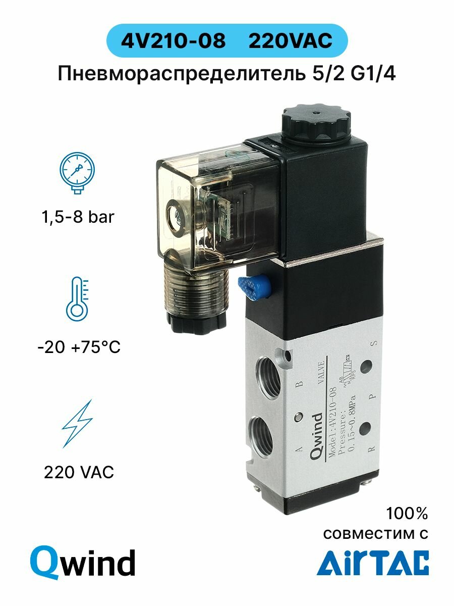 Пневмораспределитель Qwind 4V210-08 AC220V, G1/4, функция 5/2 с одной катушкой