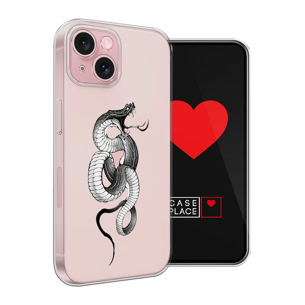 Чехол на Apple iPhone 15 / Айфон 15 с принтом Монохромная змея рисунок, прозрачный — фото 1