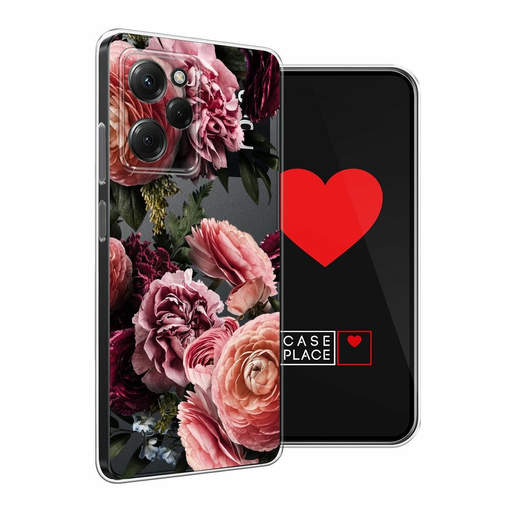 Чехол на Xiaomi Poco X5 Pro 5G / Сяоми Поко X5 Про 5G с принтом "Бордовые винтажные цветы", прозрачный — фото 1