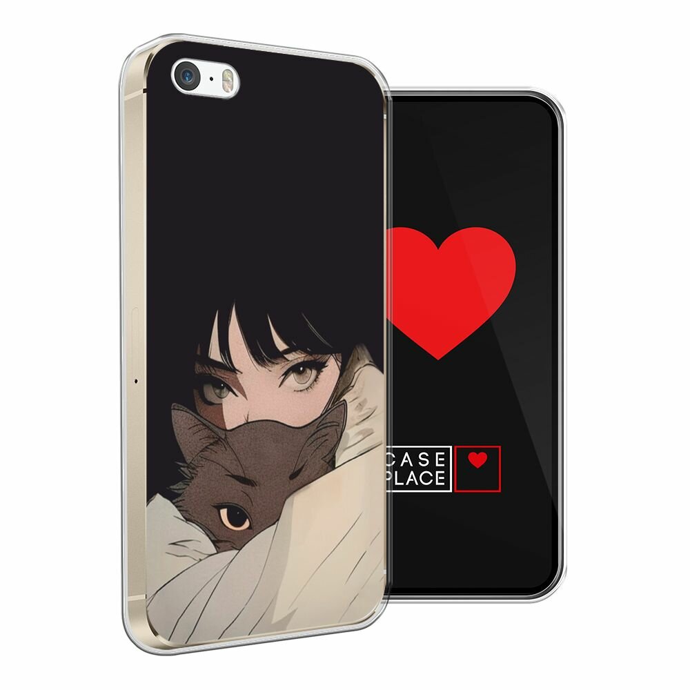 Чехол на Apple iPhone 5/5S/SE / Айфон 5/5S/SE с принтом "Аниме девушка с котиком" — фото 1