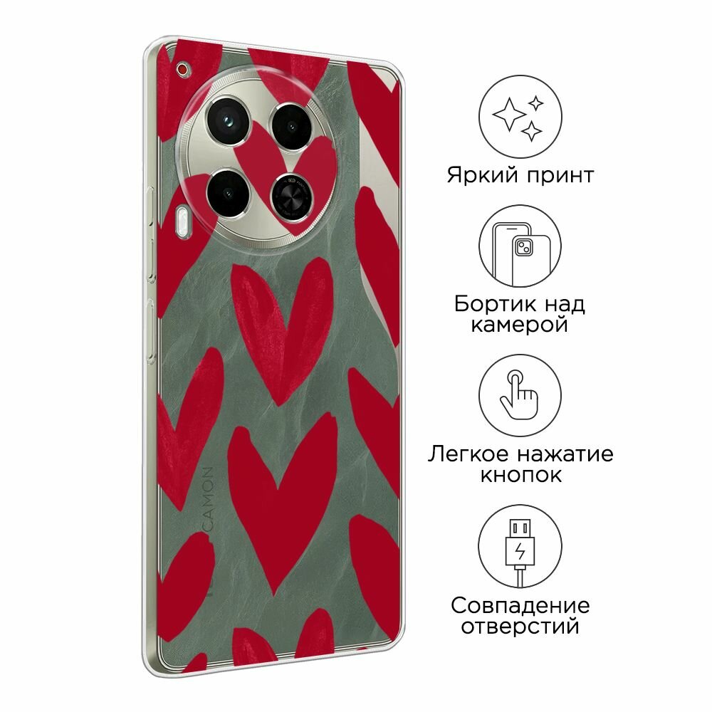 Чехол на Tecno Camon 30 5G / Текно Камон 30 5G с принтом "Красные сердечки рисунок - 14 февраля", прозрачный — фото 1