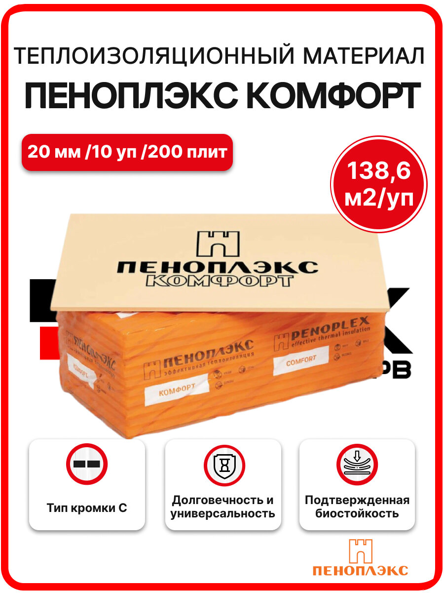 Пеноплекс Комфорт 20 мм ( 10 уп. / 138,6 м2 / 200 плит ) из пенополистирола для стен, крыши