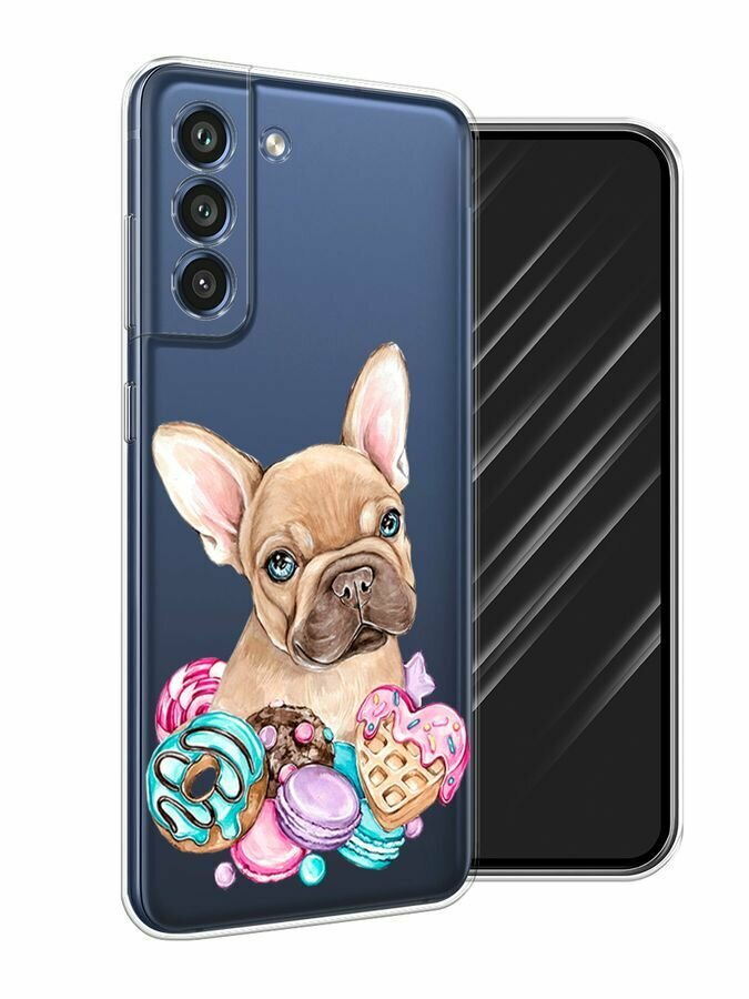 Чехол на Samsung Galaxy S21 FE 5G / Самсунг Галакси S21 FE с принтом "Бульдог и сладости", прозрачный