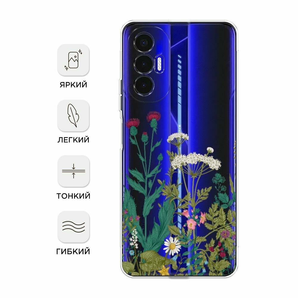Чехол на Tecno Pova 3 / Текно Пова 3 с принтом "Дикие полевые цветы", прозрачный — фото 1