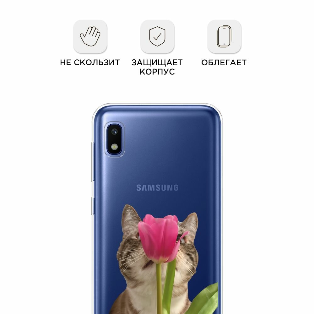 Чехол на Samsung Galaxy A10 / Самсунг Галакси А10 с принтом "Кот с тюльпаном - 8 марта", прозрачный — фото 1