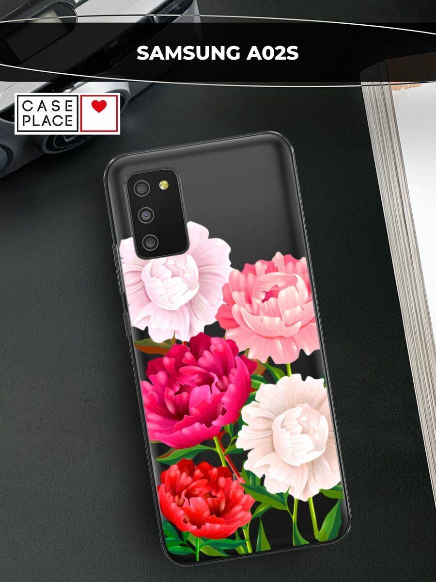 Чехол на Samsung Galaxy A02s / Самсунг Галакси A02s с принтом "Большие пионы", прозрачный