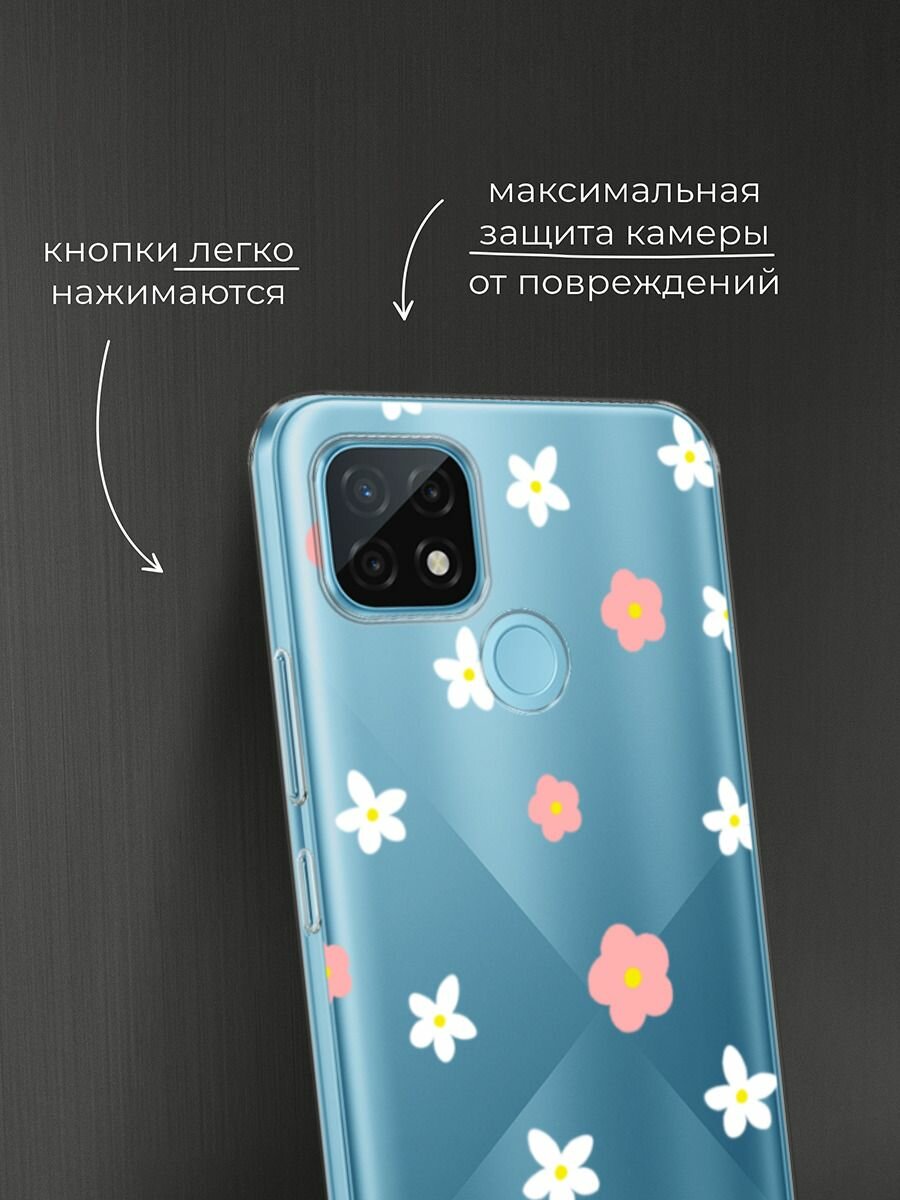 Чехол на Realme C21 / Реалми С21 с принтом "Розовые и белые цветы", прозрачный — фото 1
