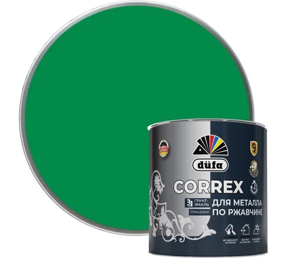 Dufa Грунт-эмаль по ржавчине гладкая Correx 3 в 1 RAL-6029 зеленый 2 л