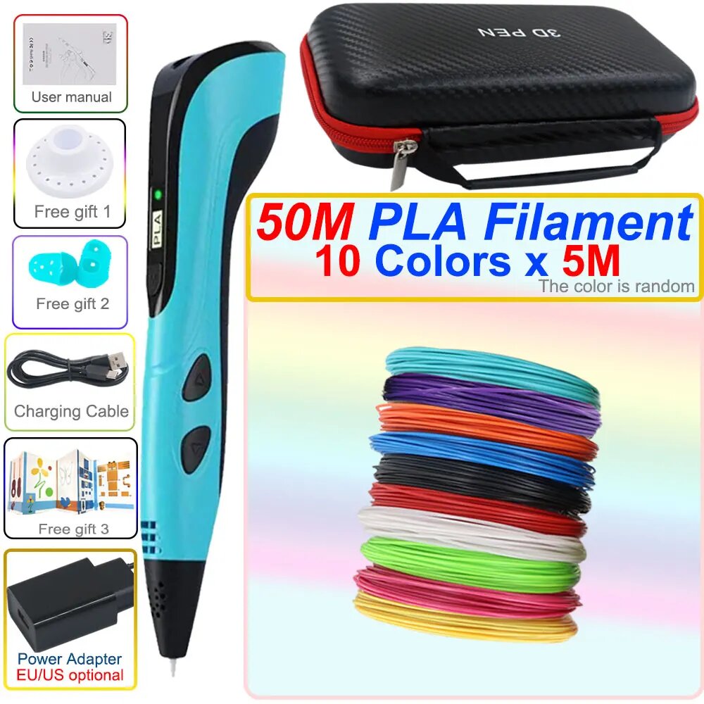 OUIO 3D-ручка для детей, Blue add 50M PLA, Plug Type: EU