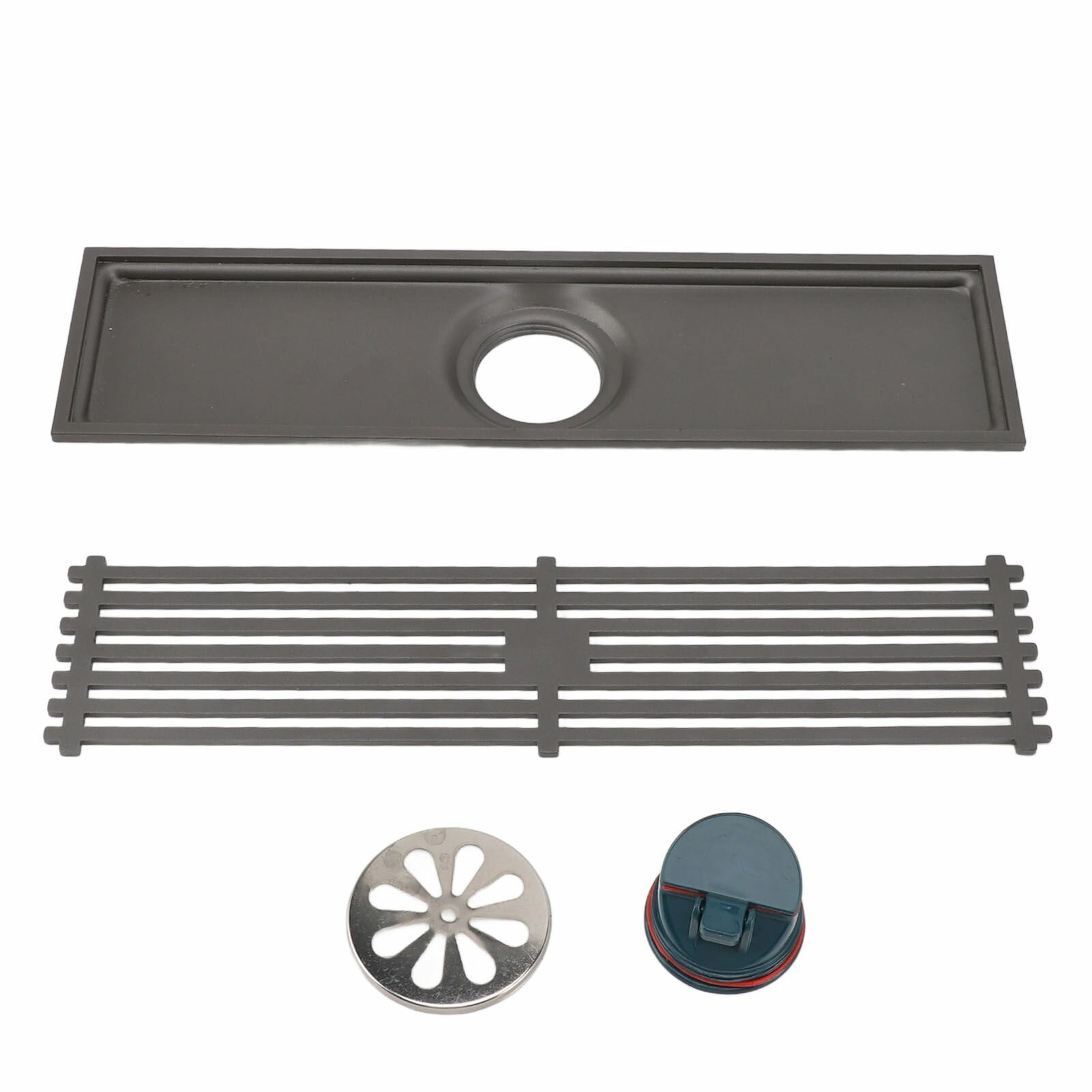 Линейный слив для душа 11,8 дюйма с прямоугольной решеткой из нержавеющей стали. Прямоугольный слив для душа в полу. Предотвращение неприятного запаха. Темно-серый.