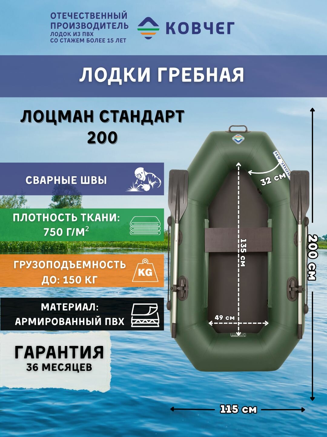 Лодка ПВХ гребная для рыбалки Лоцман Стандарт 200 (зеленый)