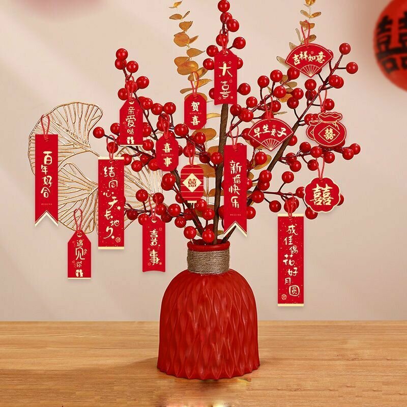 Красные фрукты, фрукты удачи, искусственные цветы, акация, красные бобы, керамическая стеклянная ваза, цветочная композиция, рождественское и новогоднее напольное украшение из сухих цветов