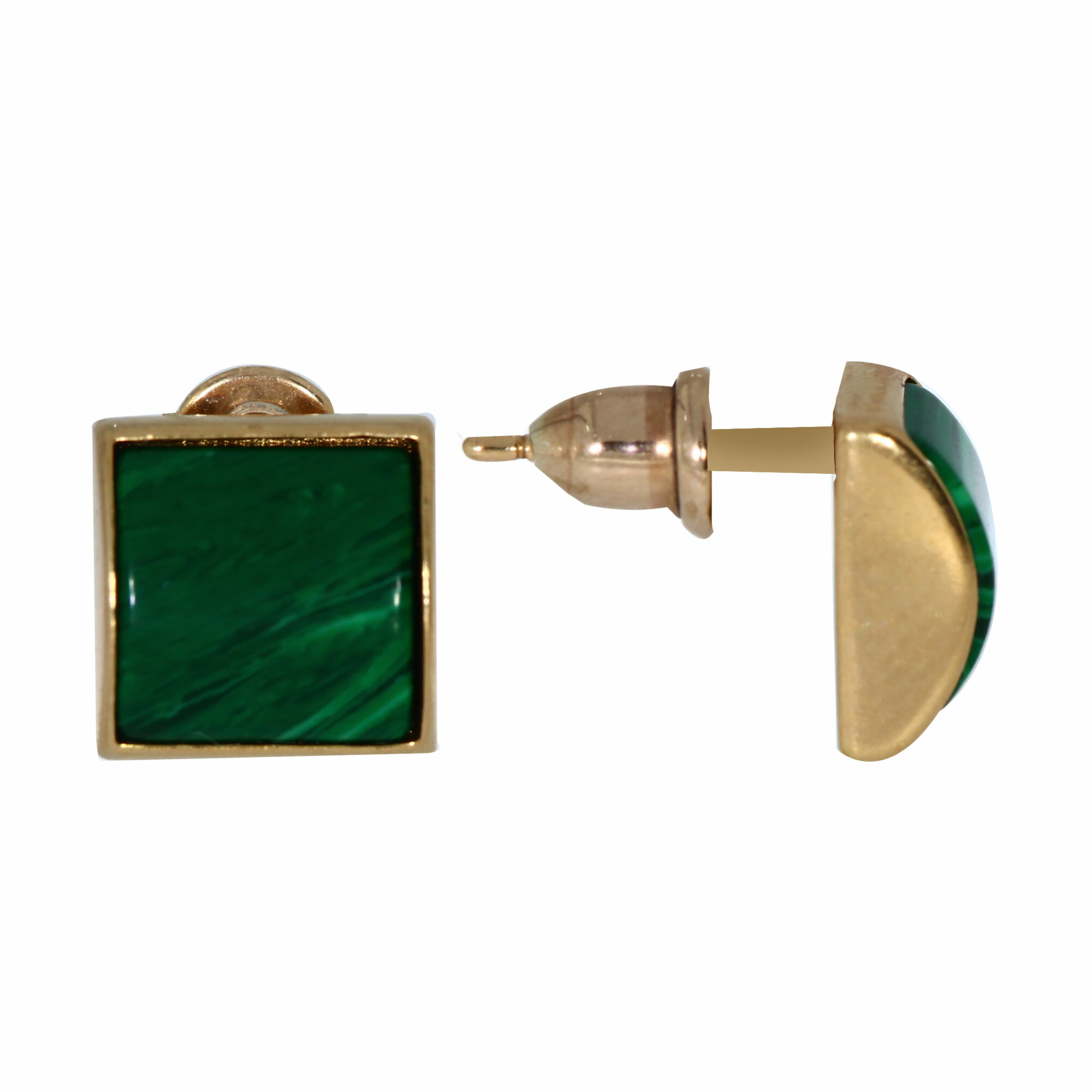 Серьги пусеты, серебро, 925 проба, золочение, малахит