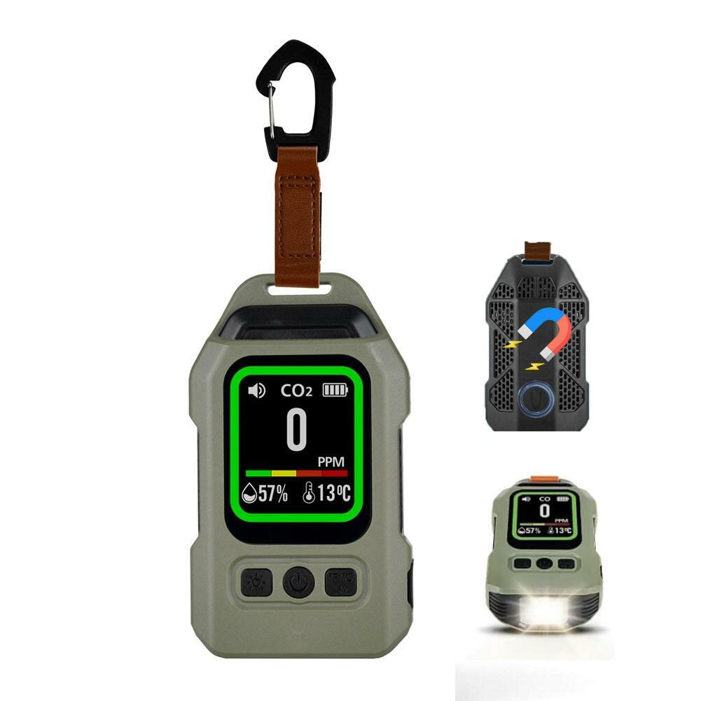 Портативный детектор угарного газа для путешествий, перезаряжаемый детектор CO 3-в-1 с измерением температуры и влажности, более 340 часов работы в режиме ожидания, звуковая и визуальная сигнализация для кемпинга, отелей, автомобилей и автодомов.