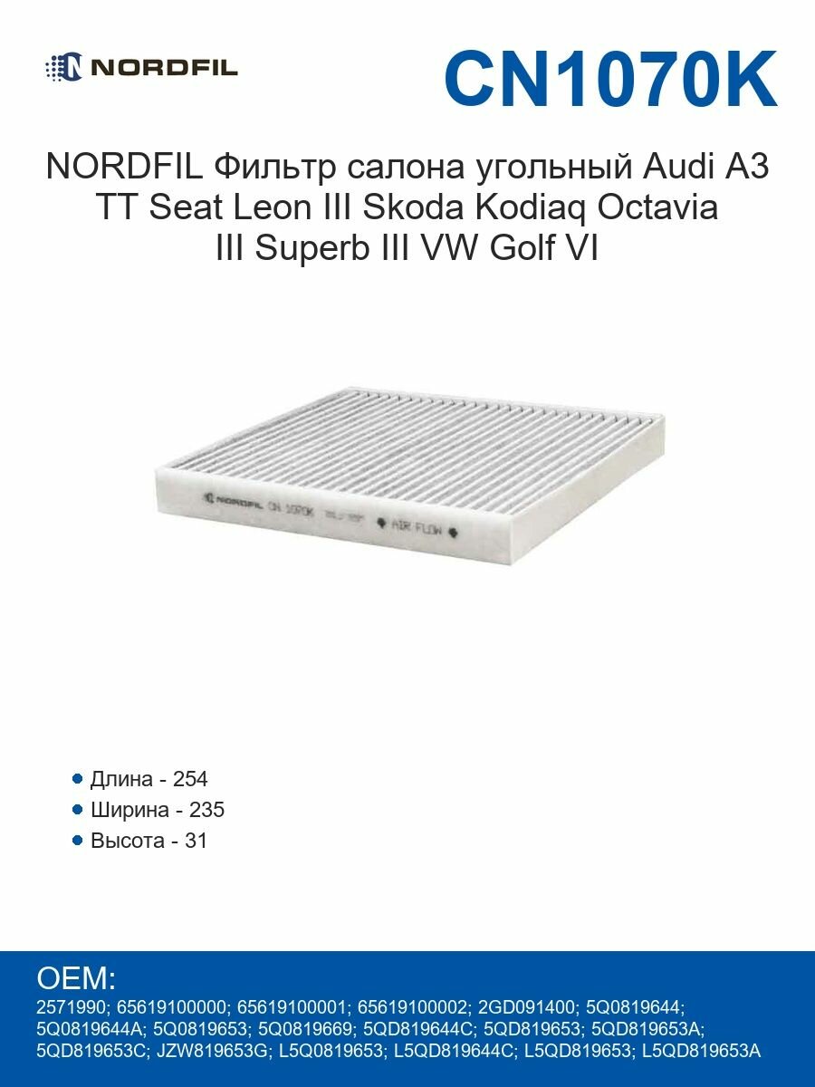 NORDFIL Фильтр салона угольный Audi A3 TT Seat Leon III Skoda Kodiaq Octavia III Superb III VW Golf VI
