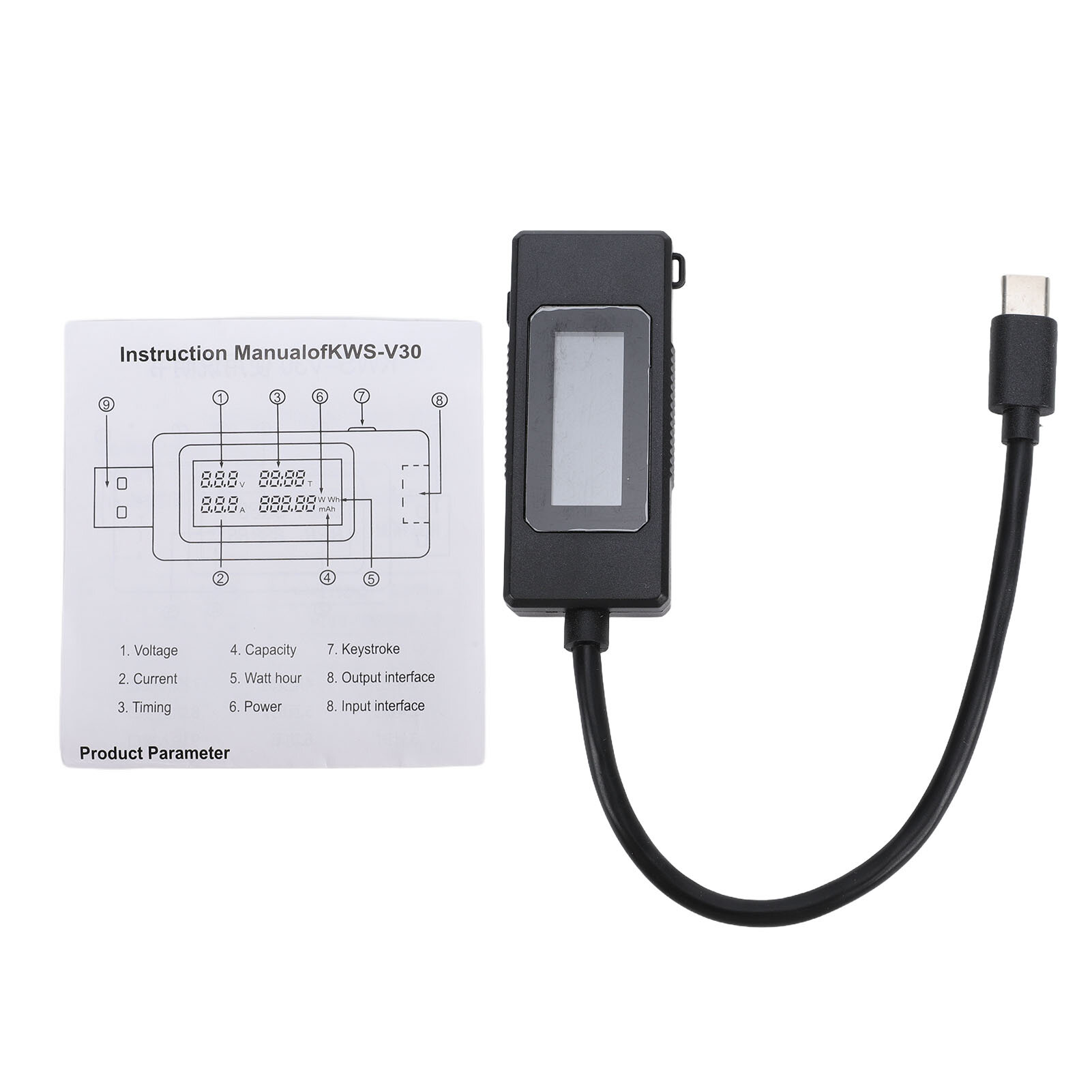 МногофункциональныйтестерUSB-Cсцветнымэкраном, измерительнапряжения, тока, мощностииемкости, черный.