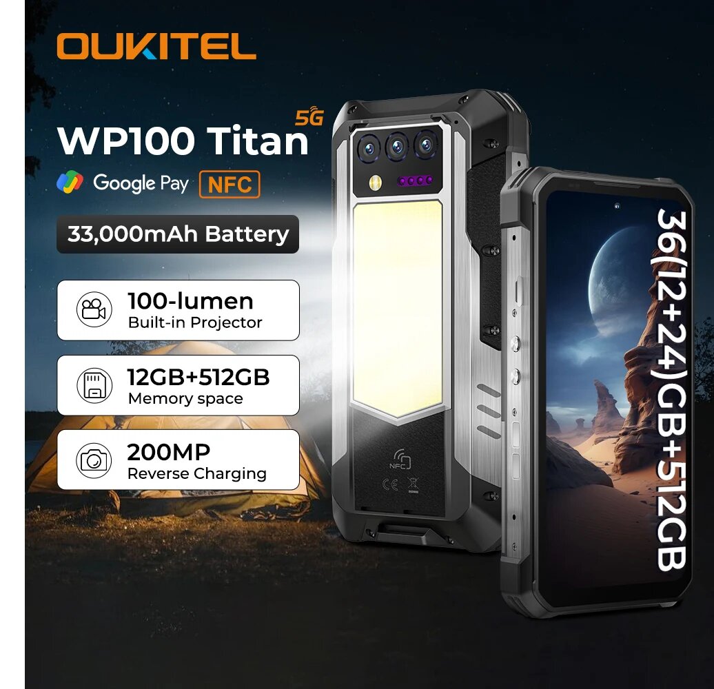 Прочный телефон Oukitel WP100 Titan, зарядное устройство 33000 мАч, 66 Вт, камера 200 МП, встроенный проектор, светильник для кемпинга, мобильный телефон, смартфон NFC 5G