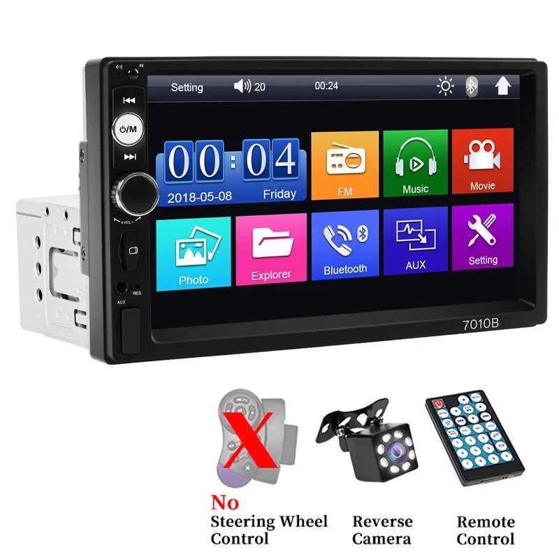 Автомагнитола HIPPCRON 7" HD С Сенсорным Экраном, 1 DIN, MP5-плеер С Mirrorlink, With 8 LED Camera