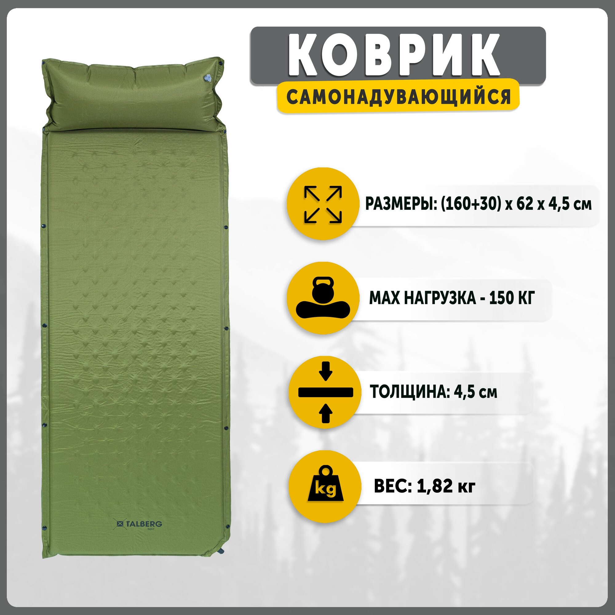 Самонадувной туристический коврик Talberg "BASIC LARGE MAT", 190 см x 62 см x 4.5 см, зеленый