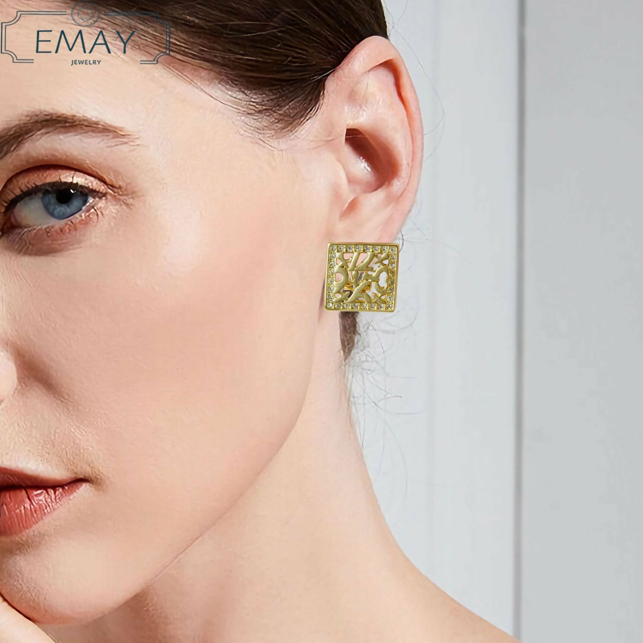 Серьги Emay, фианит, искусственный камень, размер 22 мм, золотой, серебряный — фото 1