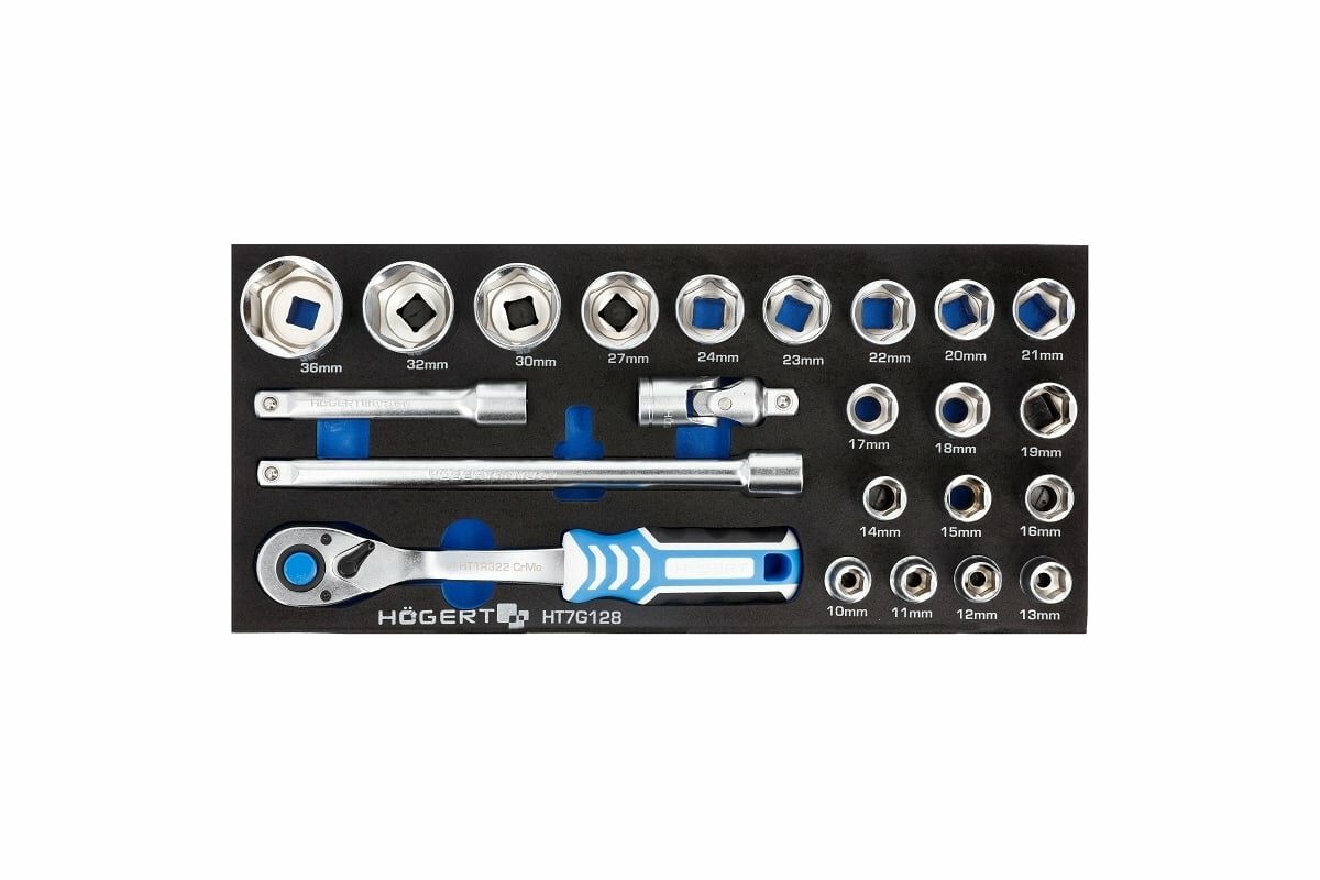 HOEGERT TECHNIK Набор инструментов с трещоткой 1/2, 23 шт, ложемент EVA HT7G128