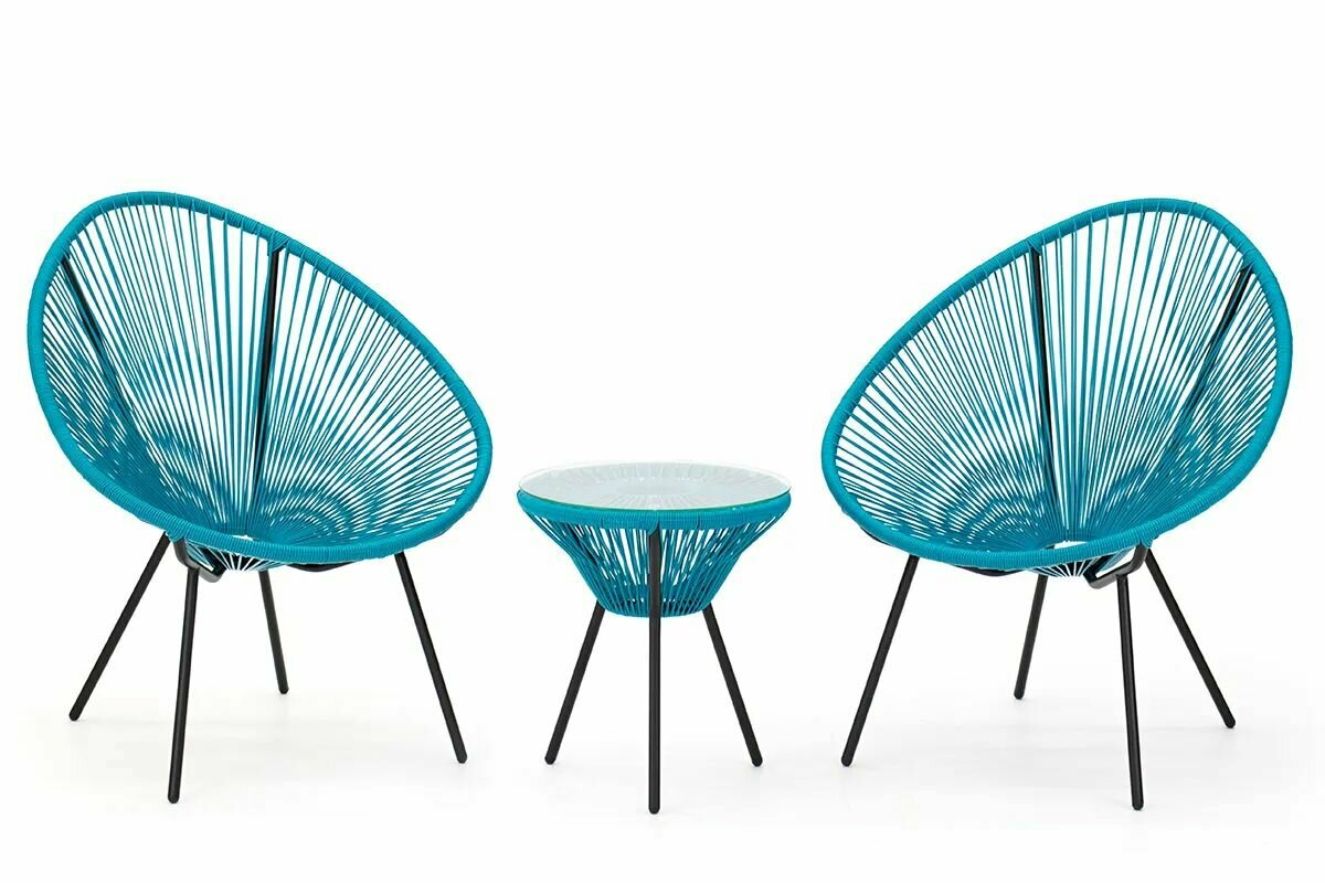 Комплект плетеной мебели KORNERA "Акапулько" на 2 персоны, каркас черный, искусственный ротанг темно-бирюзовый