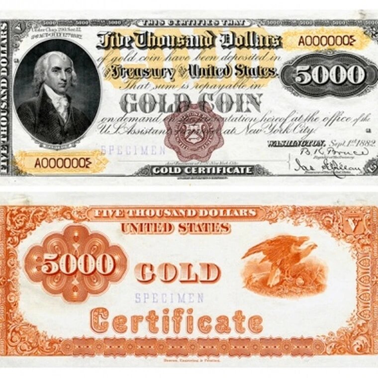Золотой сертификат 5000 долларов 1882 США "образец", сувенирная копия, банкноты и купюры редкие коллекционные