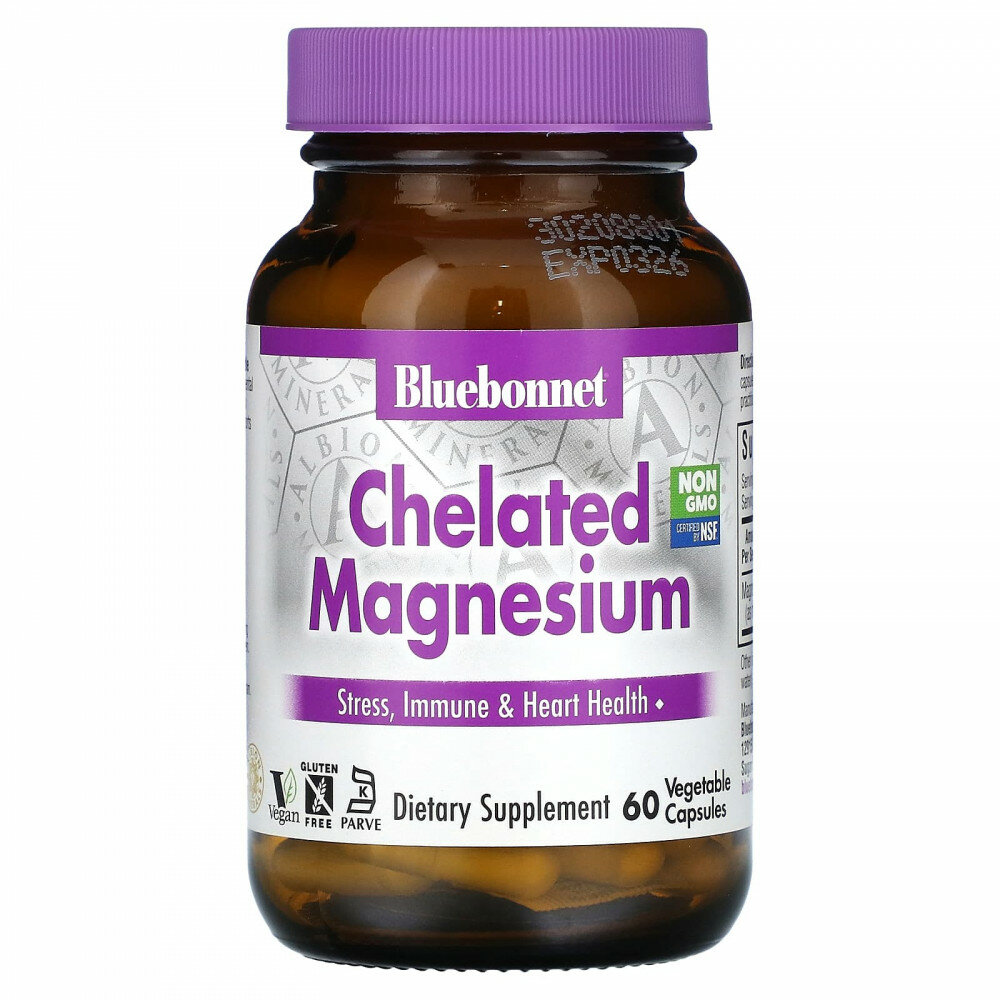 Bluebonnet Nutrition, Хелатный магний, 60 растительных капсул (100 мг на капсулу)