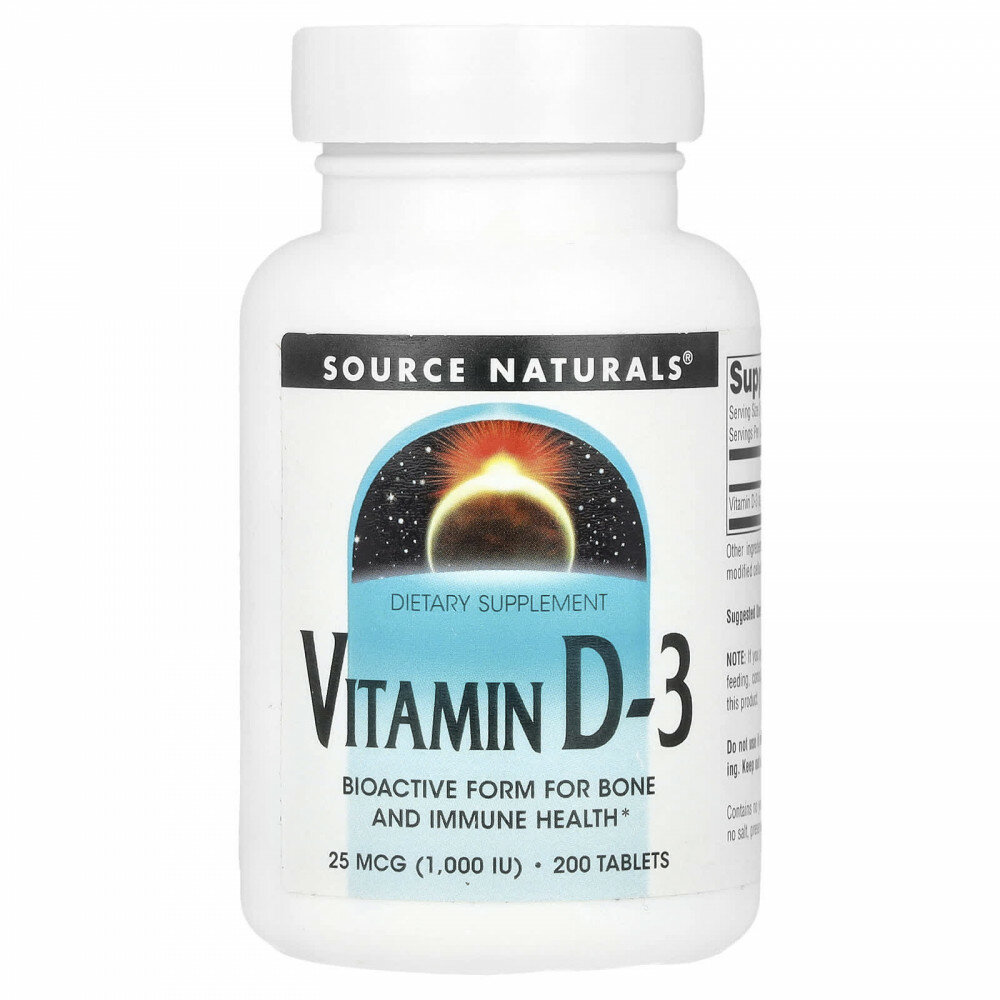 Source Naturals, витамин D3, 25 мкг (1000 МЕ), 200 таблеток